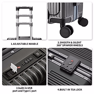 CAARANY Versatile Aluminum Frame Carry-On Luggage with USB Charging Port, Front Compartment, TSA Lock, Airline Approved Carry On Hardside Suitcase with Spinner Wheels (Grey, 20inch)