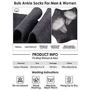 Tarpop 100 Pairs Mens Socks Bulk Moisture Wicking Socks Casual Sports Ankle Socks Bulk for Homeless Unisex Adult Men Women (Black, White, Gray)