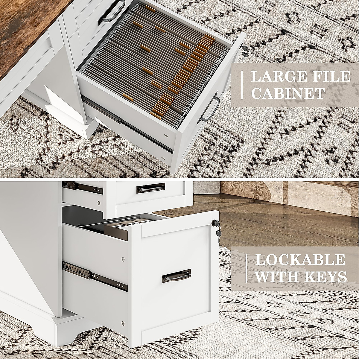 Alohappy 55'' Farmhouse Executive Desk, Home Office Desk with Drawers, Wood Computert Desk with File Cabinet and Power Outlets, White