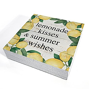 Rustic Lemonade Wooden Box Sign Desk Decor Lemonade Kisses and Summer Wishes Wood Block Plaque Box Sign for Home Living Room Shelf Table Decoration (5 X 5 Inch)