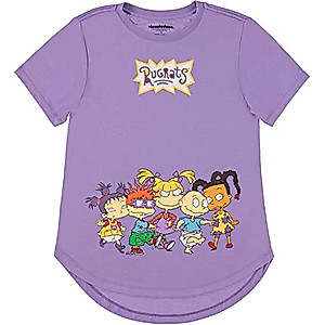 Nickelodeon Ladies 90's Fashion Shirt - Rugrats, Angelica and Chuckie Curved Hem Front and Back Short Sleeve Tee (Purple, X-Large)