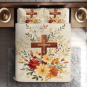 Delerain Comforter Set Twin Size, Religious Cross Flowers 3-Piece Bedding Set for Boys Girls Teens Modern Soft Microfiber Bedroom Set Room Decor, 1 Duvet Cover + 2 Pillowcases