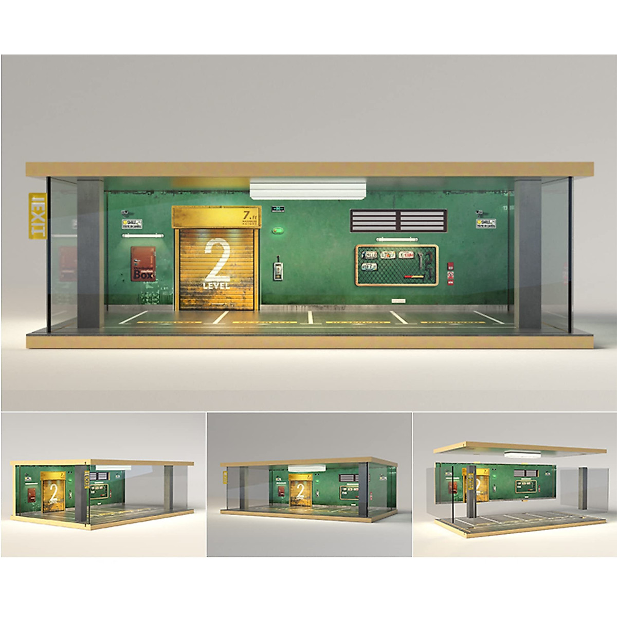 Display Case for 1/32 or 1/36 Diecast Cars, Acrylic Display Case for Toy Motorcyle with LED Lighting, 4P Green Wall