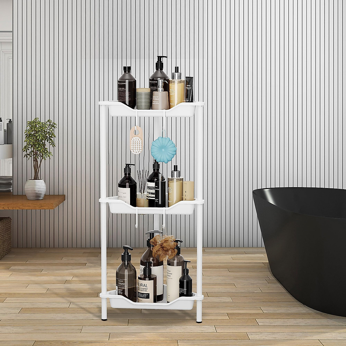 Vetacsion Corner Shower Caddy, 3 Tier Standing Rustproof Shower Organizer, Plastic Metal Splicing Floor Shower Shelves for Bathroom Storage, White