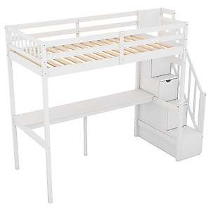 MERITLINE Twin Loft Bed with Desk and Stairs,Wooden Loft Bed Twin with Storage, Kids Loft Bed with Steps for Girls Boys Bedroom, Dorm(Twin,White)