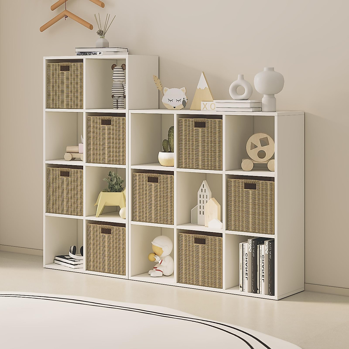 Foldable Storage Baskets with Handles Paper Rope Storage Baskets Rectangle Collapsible Hand Woven Storage Cubes Bins for Organizing Shelves Living Room Bedroom Pantry (4, 13'' x 13'' x 13'')