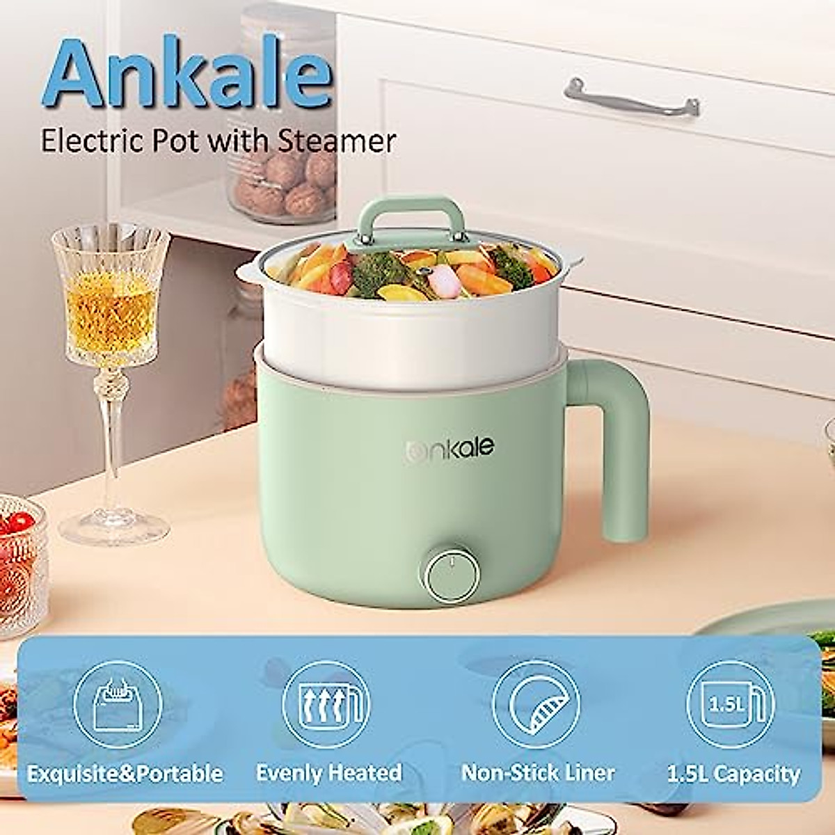 Ankale Hot Pot Electric with Steamer, 1.5L Portable Nonstick Rapid Electric Ramen Cooker, MultiFunction Mini Pot with Power Adjustable, Travel Electric Pot for Pasta/Noodles/Shabu Shabu/Oatmeal, Green