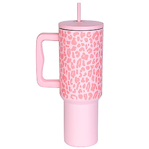 ZHIDENGWJ Stainless Steel Vacuum Insulated Tumbler with Lid and Straw for Water, Iced Tea or Coffee(Light Pink Leopard Print)