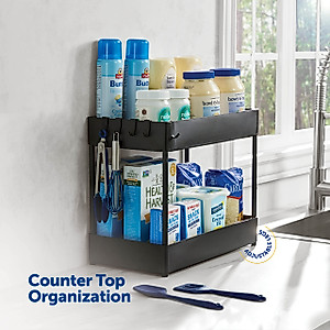 Space-Saving 2-Tier Under Sink Organizer and Storage with 6 Strong Hooks, Easy-Assemble, Under Cabinet Organizer, Durable, Big Capacity, Modern Storage Baskets for Bathroom, Kitchen, Etc. (Black)
