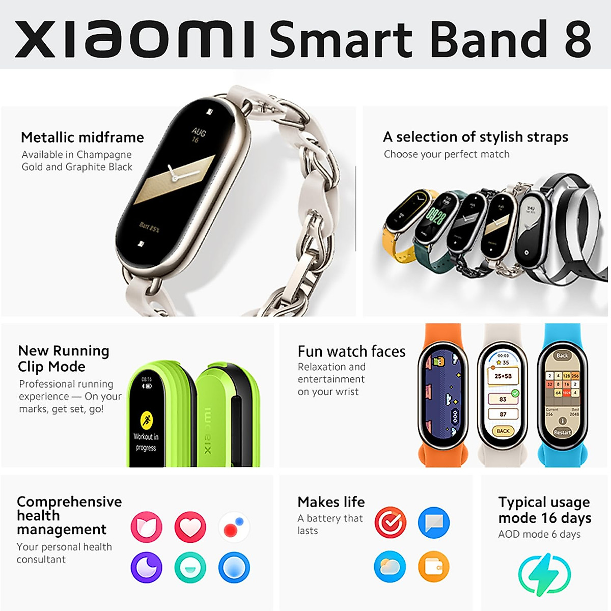 Xiaomi Mi Band 8 Smart Bracelet 1.62“ AMOLED Screen Heart Rate Blood Oxygen Bluetooth Sport Watch Fitness Traker Watch(Global Version Black) (M2239B1)