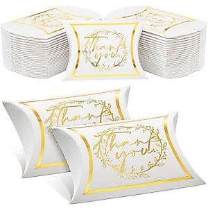 Tenceur 100 Pcs Thank You Pillow Boxes 3.5x2.4x1 Inch Wedding Favor Pillow Boxes Paper Thank You Gift Boxes for Favors Candy Treat Boxes for Wedding Birthday(White, Gold)