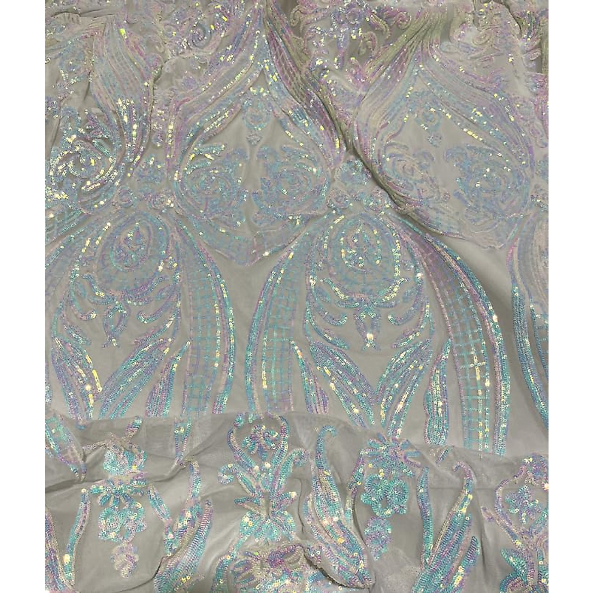 White Iridescent Geometric Stretch Sequin Fabric by The Yard | 4 Way Stretch Fabric Spandex Lace Fabric | White Stretch Mesh Embroidery with 3mm Sequin | White Iridesecent Sequin Fabric-Per Yard