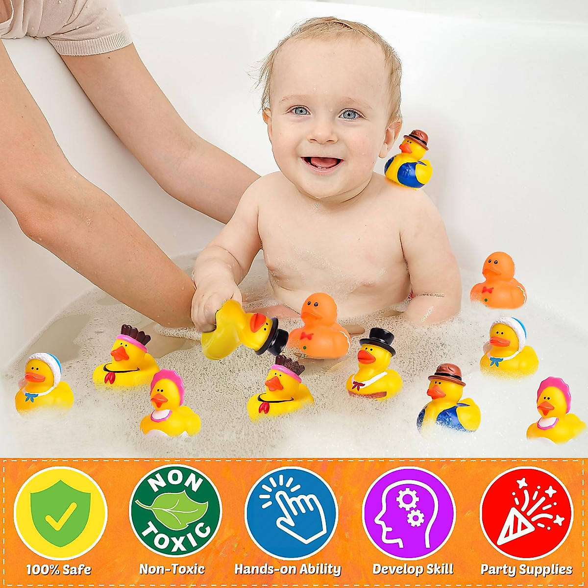 FUN LITTLE TOYS 12 PCS Thanksgiving Rubber Ducks in Bulk for Kids, Assorted Turkey & Pilgrim Toy Duckies for Bath Toys, Party Favors, Themed Bathtub Toys