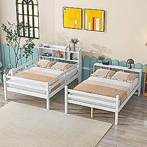 Harper & Bright Designs Full Over Bunk Beds with Bookcase Headboard, Solid Wood Bed Frame Storage, Safety Rail and Ladder, Kids/Teens Bedroom, Can Be converted into 2 Beds, White