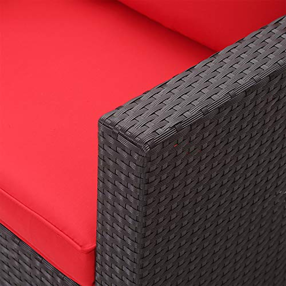 Patio Sofa Furniture Sets 5 Piece, Outdoor PE Wicker Rattan Conversation Sofa Set with Coffee Table, Wine Red (Black Rattan)