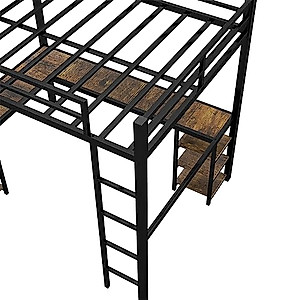 BOVZA Full Metal Loft Bed with Desk and Shelves, Multifunctional Loft Bed with Ladder and Safety Guardrails, Bed Frame for Bedroom, Space Saving, Black