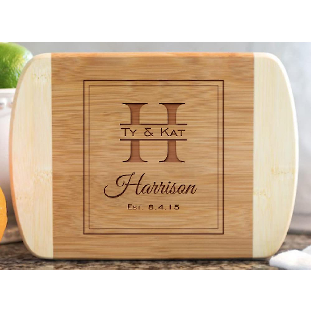 Personalized Wedding Gift for Couples - Engraved Bamboo Cutting Board - Engagement Gifts or Bride to Be Gifts - Mr & Mrs Gift (6x8 Two Tone Rounded, Harrison Design)