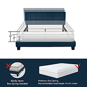 Allewie Queen Size Panel Bed Frame with Adjustable Headboard for High Profile/Fabric Upholstered/Square Stitched Padded Headboard/Box Spring or Bunkie Board Required/Navy Blue