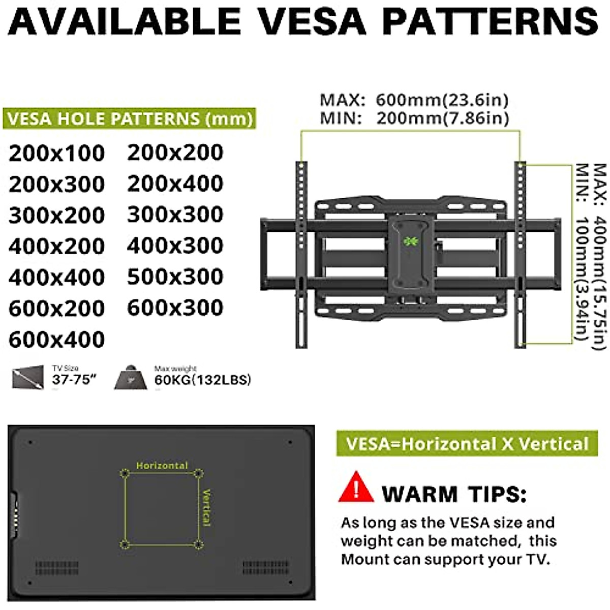 USX MOUNT Full Motion TV Wall Mount for Most 37-75 inch TV, Swivel and Tilt TV Mount with Dual Articulating Arms, Wall Mount TV Bracket Up to 132lbs, VESA 600x400mm, 16" Wood Studs, XML019