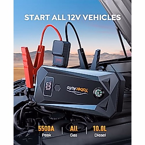 YaberAuto 5500A Car Battery Jump Starter for All Gas/10.0L Diesel Engines, 99.16Wh Portable Car Jump Starter Battery Pack, 12V Jump Box Battery Jumper Starter Portable with Safety Jumper Cables, Light