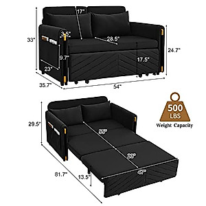 KIVENJAJA Convertible Sleeper Sofa Bed, Modern Velvet Loveseat Couch with Pull Out Bed, Small Love Seat Futon Sofa Bed with Headboard, 2 Pillows & Side Pockets for Living Room, 54” (Black)