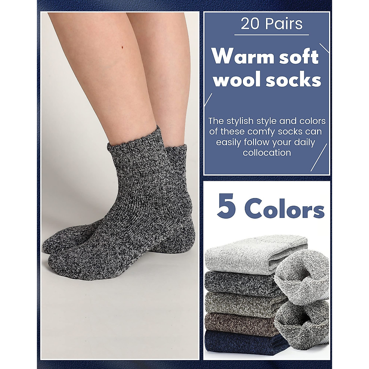 JaGely 20 Pairs Women Knit Wool Socks Bulk Thick Warm Winter Socks Crew Socks Gifts Women Athletic Socks Hiking Socks Soft Casual Socks