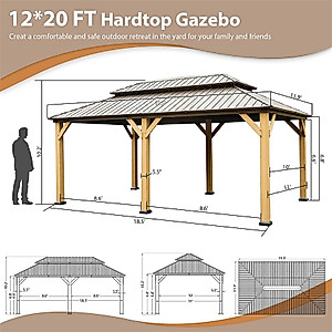 12'x20' Hardtop Gazebo with Cedar Wood Frame, Outdoor Wood Gazebo with Galvanized Steel Double Roof, Permanent Metal Roof Gazebo with Curtains and Netting for Patio, Backyard and Lawn(Brown)