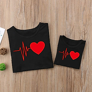 Heartbeat Love Funny Mom Son Daughter Matching T-Shirts Mother & Daughter Matching Set Mom & Baby Shirts Black