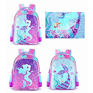 Reversible Sequin School Backpack Lightweight Little Kid Book Bag for Preschool Kindergarten Elementary (15", Mermaid)