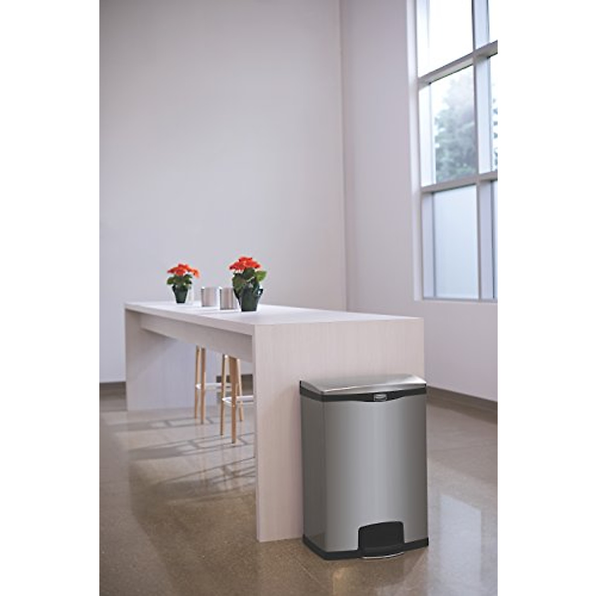 Rubbermaid Commercial Products Slim Jim Front Step-On Trash Can, Stainless Steel, 24 Gallon, Black, Indoor/Outdoor Waste Container for Office/Hospital/Mall/Kitchen