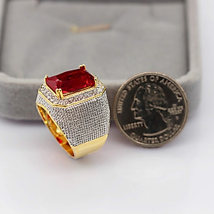 Uloveido Men's Emerald Cut Red Cubic Zirconia Ring with Wide Band Dainty Birth-stone Ring Birthday Father's Day Gifts Idea for Men Husband (Size 12) RA408