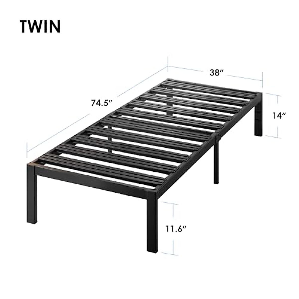 Mellow Rocky Base E 14" Platform Bed Heavy Duty Steel Black, w/ Patented Wide Steel Slats (No Box Spring Needed) - Twin