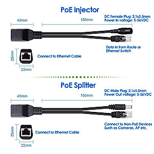HUACAM Passive POE Injector and POE Splitter Kit with 5.5 x 2.1 mm DC Male and Female Power Adapter Connector POE Separator for RJ45 Power Over Ethernet (1 Pair)