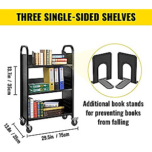 VEVOR Book Cart, 200lbs Library Cart, 30x14x49 Inch Rolling Book Cart Single Sided L-Shaped Flat Shelves with 4 Inch Lockable Wheels for Home Shelves Office and School Book Truck in Black