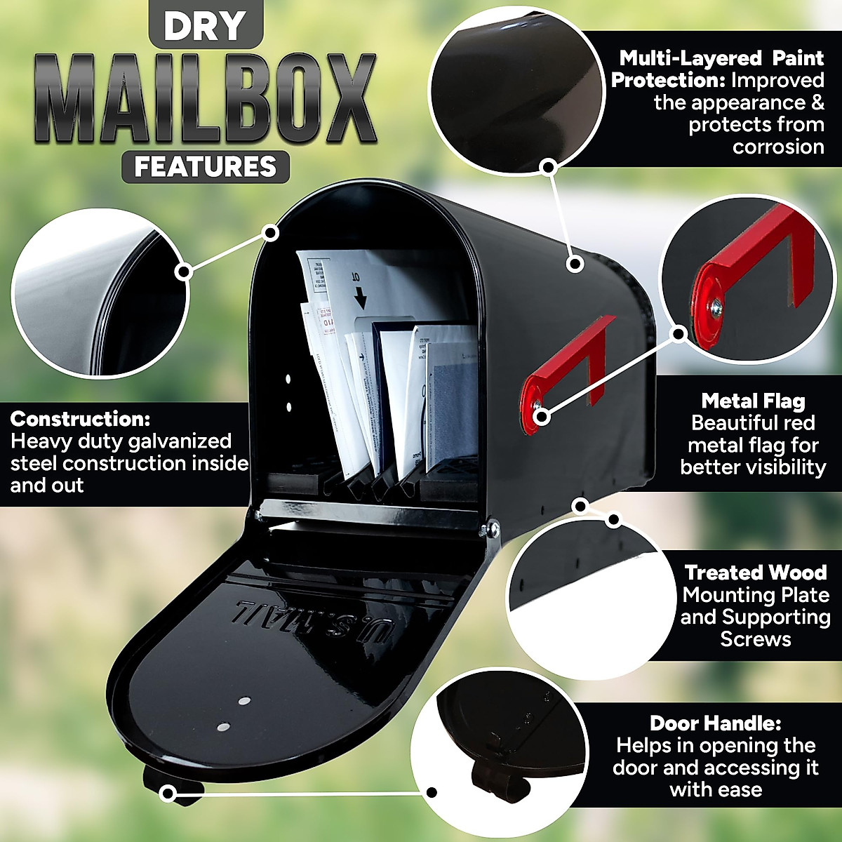 Dry Mailbox – Outdoor Metal Mailbox with Mailbox Insert to Keep Mail Dry | Weatherproof Mailbox for Outside for Secure Deliveries | Standard Outside Mailboxes | US Postal Service Approved - Black