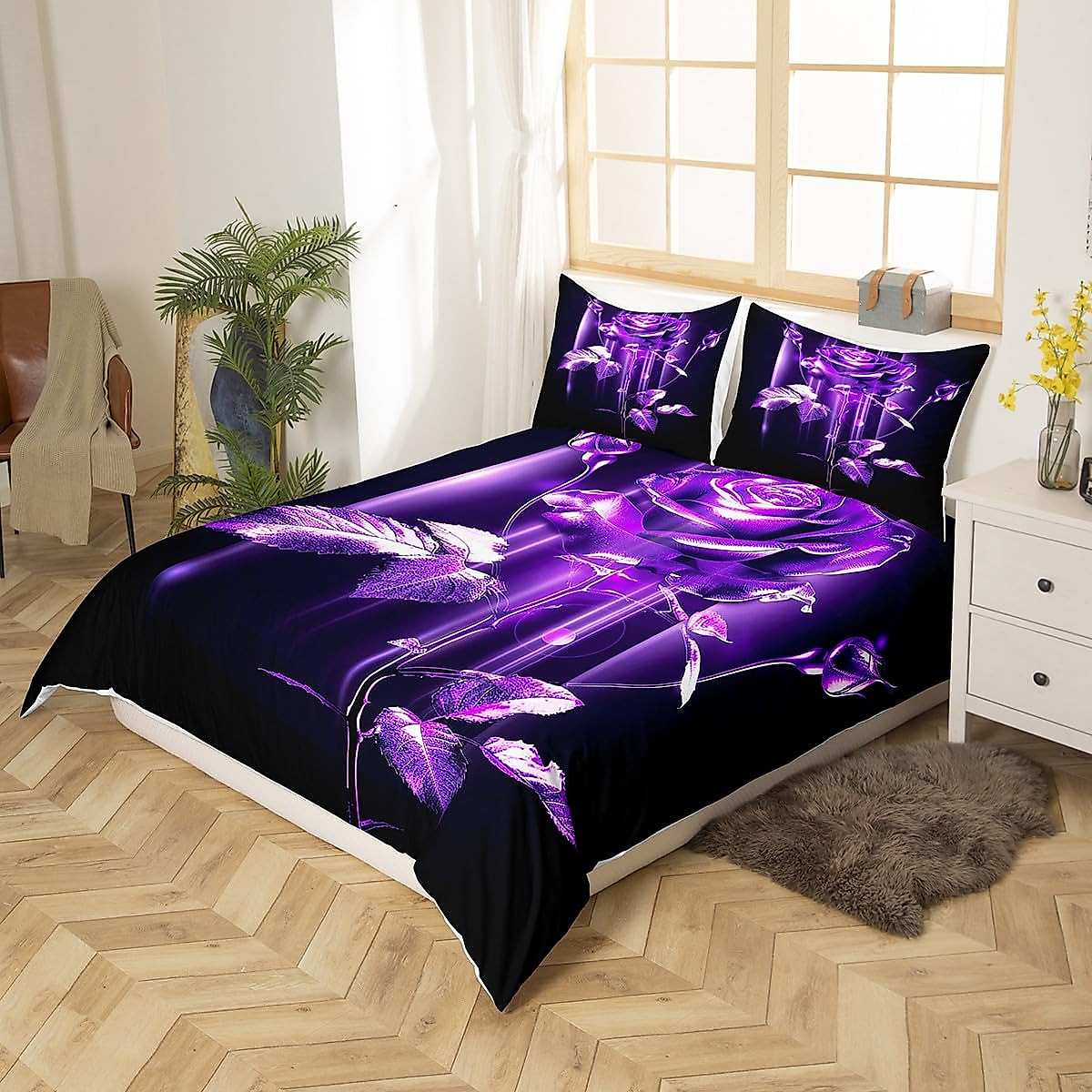 Feelyou Purple Rose Duvet Cover Twin Garden Flower for Kids Boys Girls Comforter Cover Ombre Striped Bedding Set Valentine's Day Bedspread Cover Lightweight Bed Set with 1 Pillow Case (No Comforter)