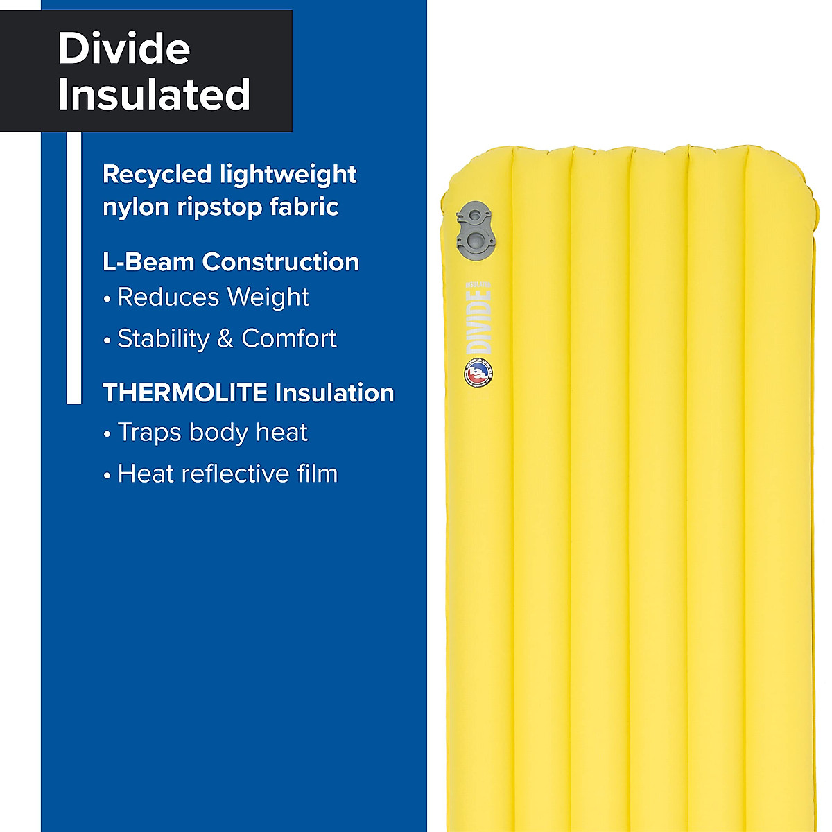 Big Agnes Divide Insulated | Lightweight, Compact, 3-Season Air Chamber Sleeping Pad, Wide Regular, Warm Olive