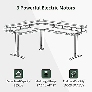 FEZIBO Triple Motor 75" L Shaped Standing Desk with 5 Drawers, Reversible Electric Standing Gaming Desk Adjustable Height, Corner Stand up Desk with Splice Board, Black Frame/Black Walnut Top