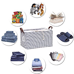 Hinwo 31L Large Storage Bins, Closet Organizers and Storage, Shelf Baskets, Foldable Clothes Storage Baskets with Handles, Containers for Clothing, Blanket, Towels, Toys, Bedding (Navy Stripe)