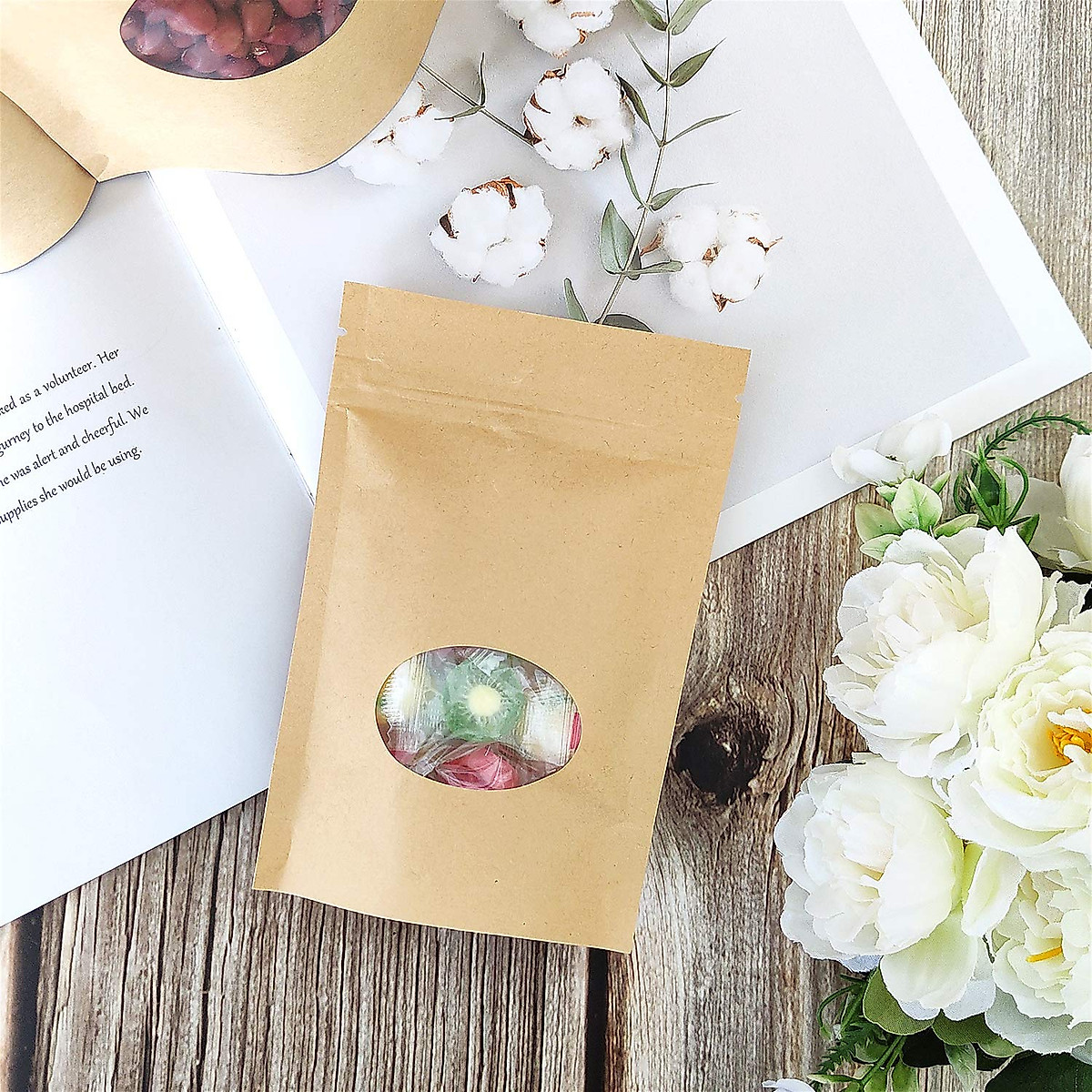 Kraft Stand Up bags with Window - SumDirect 50Pcs 4.3x 6.2 inches Brown Food Storage Bags, Reusable Sealing Stand Up Pouches Zipper Lock for Storing