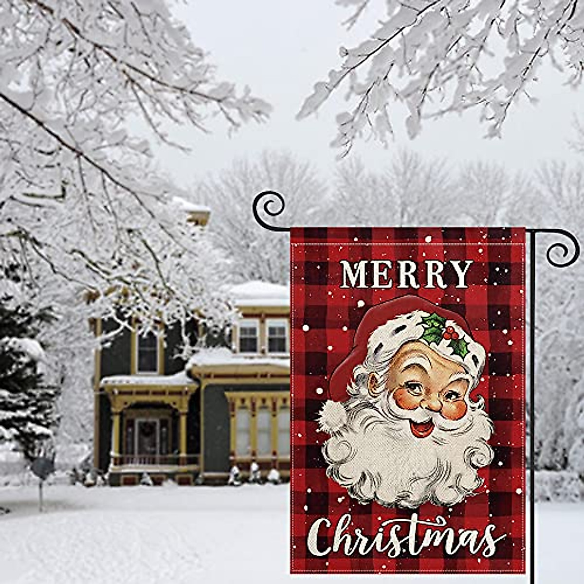 AVOIN Merry Christmas Watercolor Buffalo Check Plaid Santa Claus Garden Flag Vertical Double Sided, Winter Holiday Yard Outdoor Decoration 12.5 x 18 Inch
