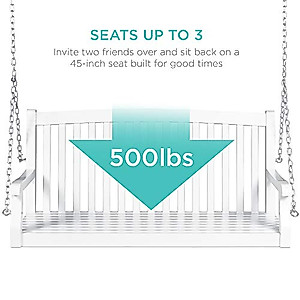 Best Choice Products 48in Wood Porch Swing Outdoor Patio Hanging Bench Chair Furniture for Deck, Garden, Yard w/Mounting Chains, Curved Back Design, 500lb Weight Capacity - White