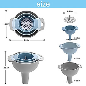 Kitchen Funnel with Strainer Filter,Funnel Set 3 Pack,2.3Inch,3.1 Inch,3.9 Inch, with 1Pack Removable Strainer, Funnels for Filling Bottles with Oil,Beer,Liquid,Food,Powder (4 in 1) (Blue)