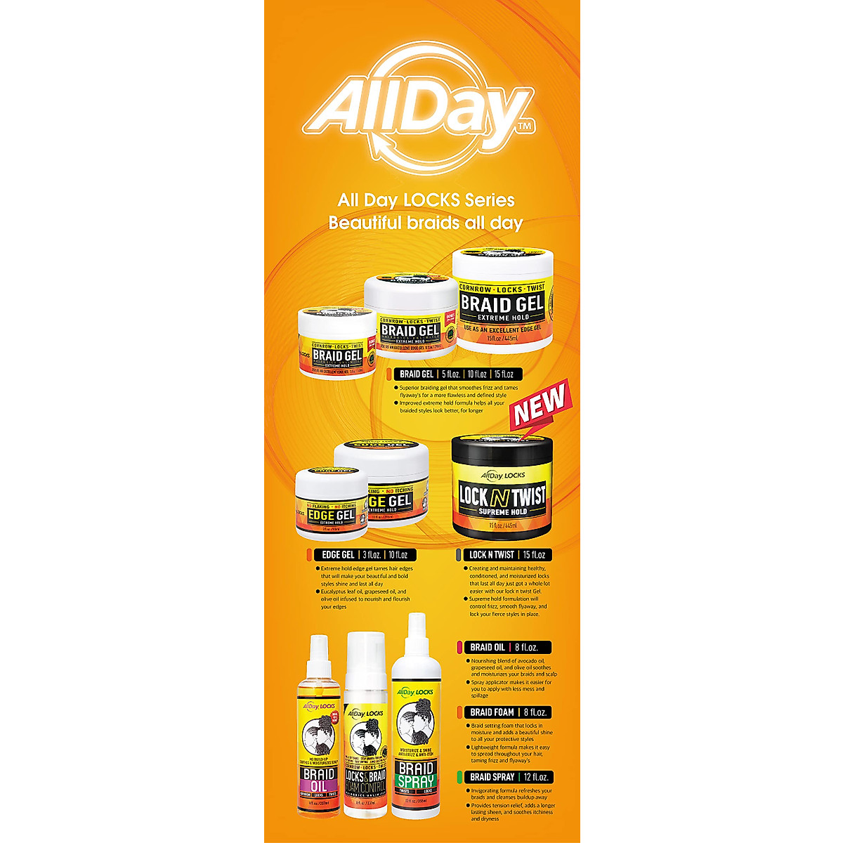 AllDay Locks Edge Gel | Extreme Hold Edge Control Gel | No Flaking, Itching, or Split Ends | Long Lasting Style for Braids, Locks, Twists, Cornrows | 3 oz