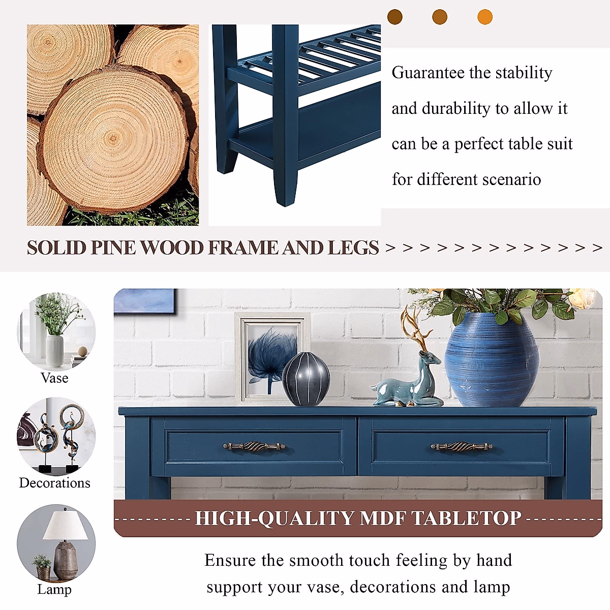 SIYSNKSI 42'' Mid-Century Style Console Table Sofa Table with 2 Storage Drawers and 2 Tiers Shelves, Solid Wood Buffet Sideboard for Hallway, Entryway, Bedroom, Living Room (Navy Blue-053)