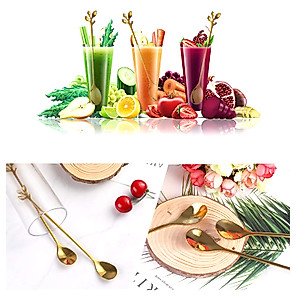 ANYI16 Long Handle Tea Coffee Spoons Set, 7.5" Stainless Steel Gold Leaf Teaspoons for Iced Tea, Coffee, Ice Cream, Dessert