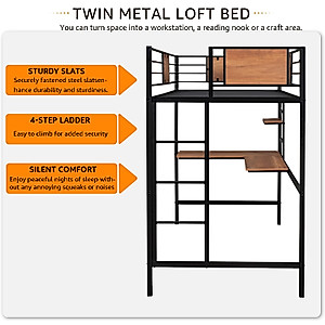 Metal Loft Bed Frame, Twin Size Loft Bed with Desk and Storage Shelves, Metal Bed Frame with Safe Guardrail & Ladder for Kids Teens Adults, Space Saving Loft Bed, No Box Spring Needed (Black 1)
