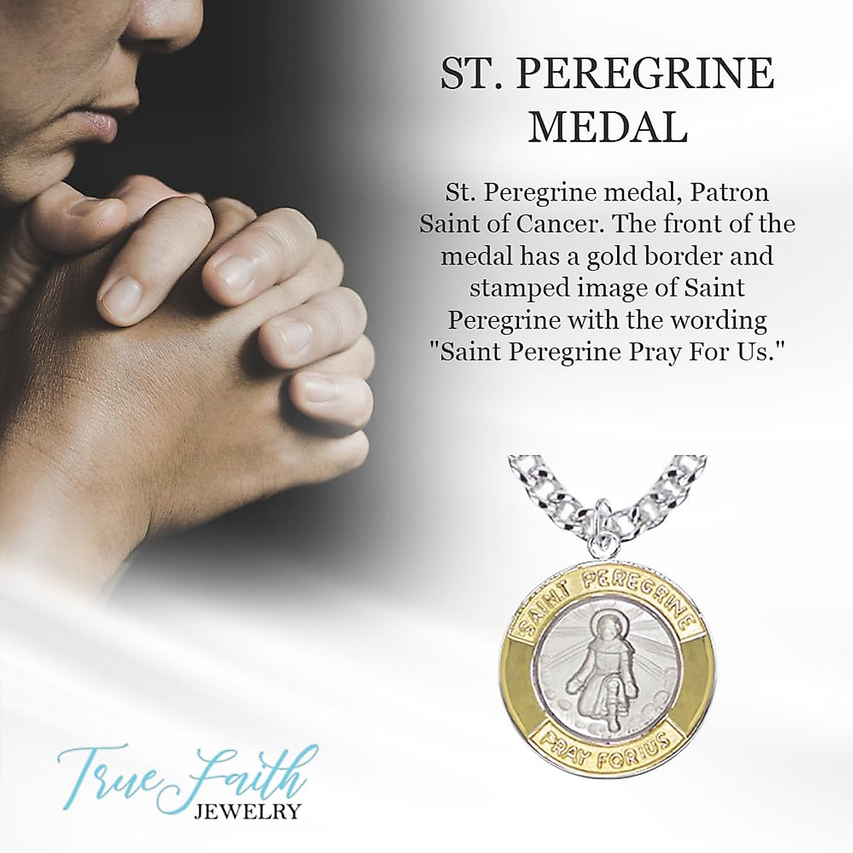 TrueFaithJewelry Sterling Silver St Peregrine Necklace Patron Saint Medal Pendant with 14K Gold Border Religious Jewelry, 5/8 Inch