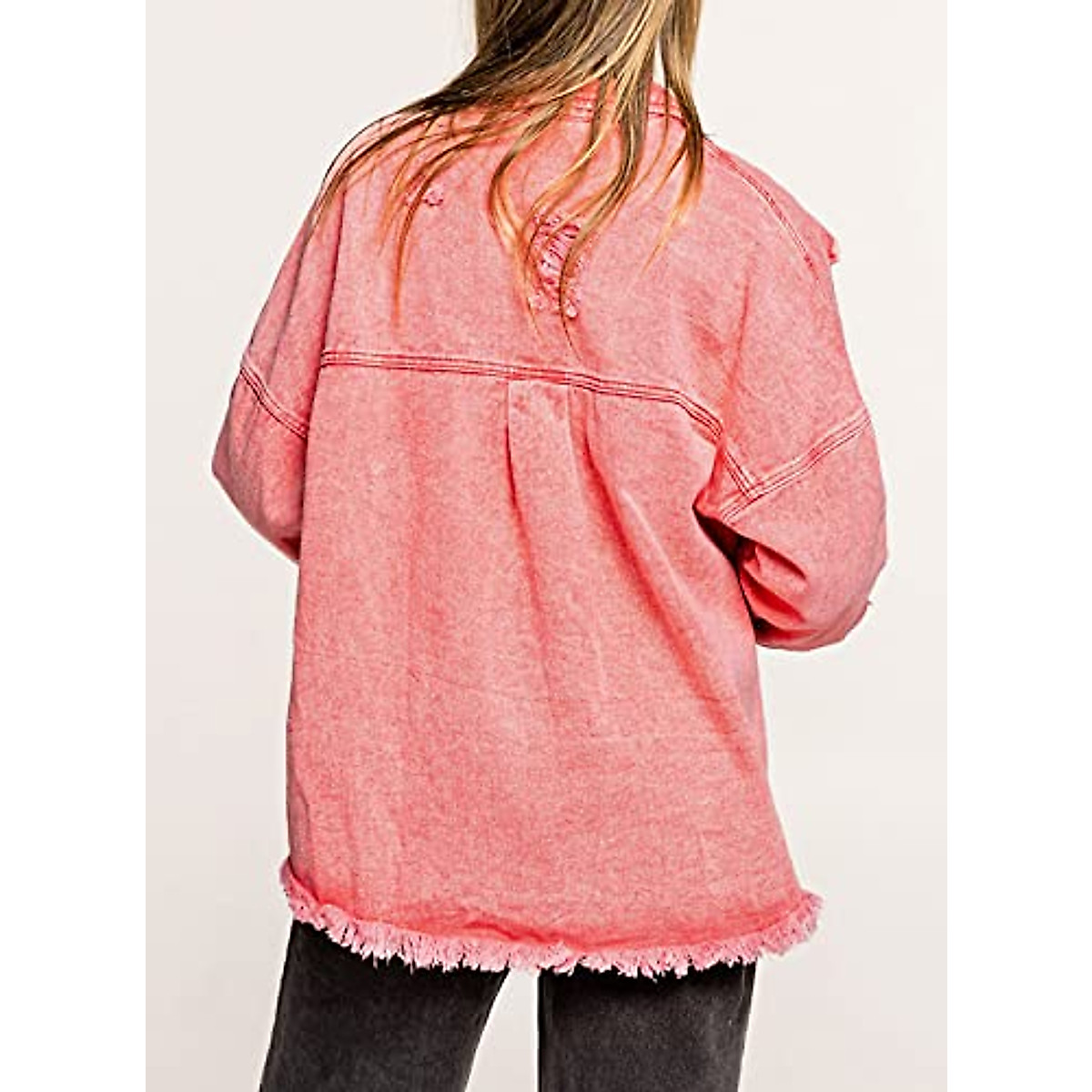 EVALESS Women's Denim Jacket Boyfriend Jean Jackets for Women Fashion 2023 Distressed Shacket Jacket Ripped Frayed Jean Shirts Business Casual Red Top Outfits with Pockets Light Stretchy Shirt,Large