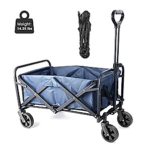 Heavy Duty Collapsible, Folding, and Rolling Outdoor Utility Wagon for Camping, Beach with Spring-Loaded Handle (Blue)